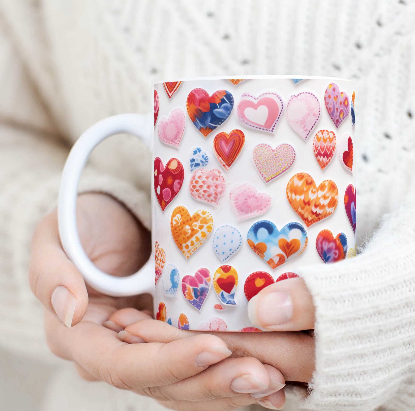 3D Patchwork Hearts Mug Wrap, Cute Valentine Day Mug Sublimation, 11 Oz and 15 Oz 3D Fabric ...