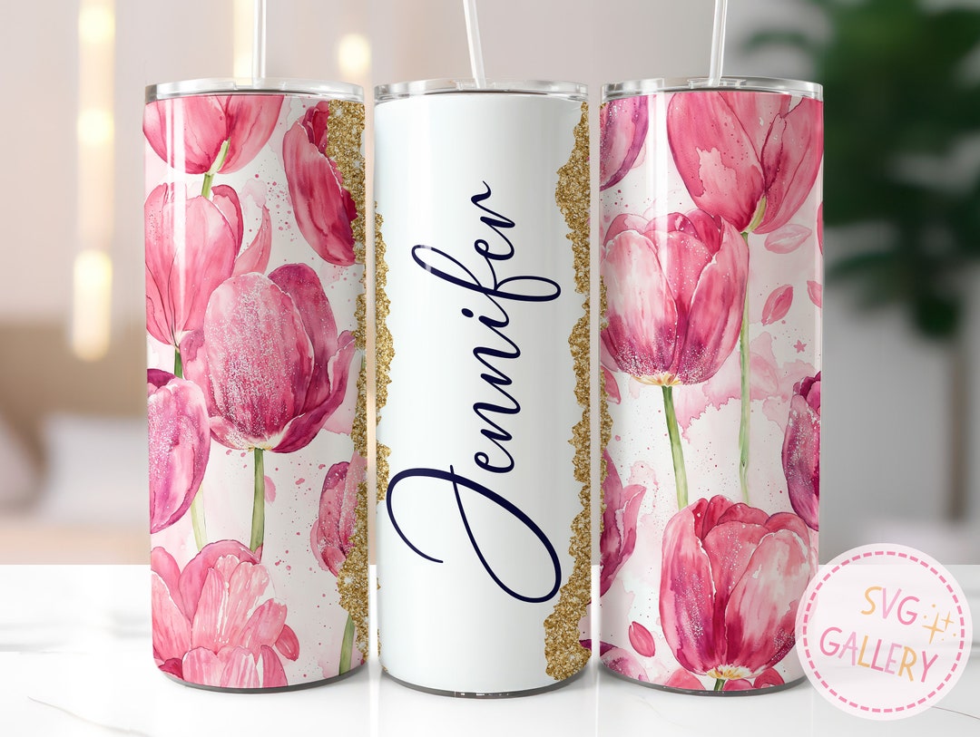 Pink Tulip Add Your Own Name 20OZ Skinny Tumbler Wrap Design. Pink ...