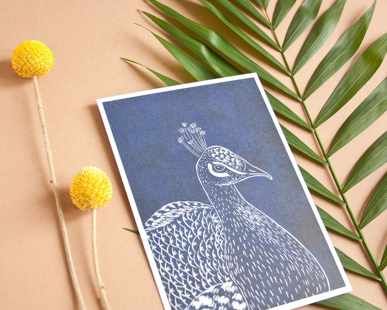 Peacock postcard postcard of a linoprint greeting card bird | Etsy