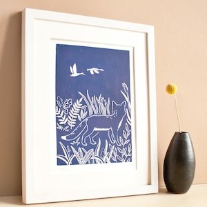 Linoldruck Fuchs und Schwäne, original Druckgrafik - Etsy.de