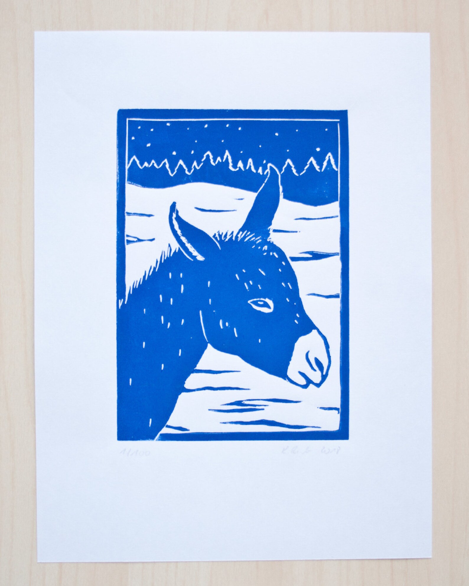 Winterlicher Esel, original Linoldruck, Druckgrafik Tier - Etsy.de