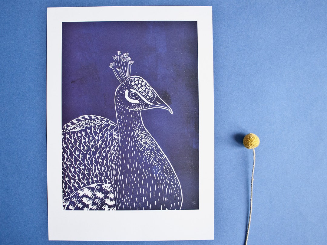 Blue Peacock, Poster of a Linocut Print - Etsy