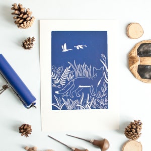 Linoldruck Fuchs und Schwäne, original Druckgrafik - Etsy.de