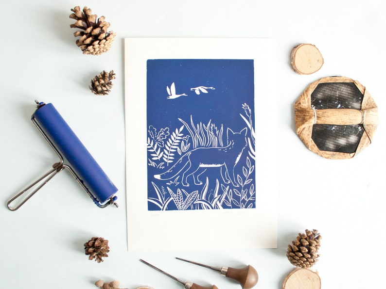 Linoldruck Fuchs und Schwäne, original Druckgrafik - Etsy.de