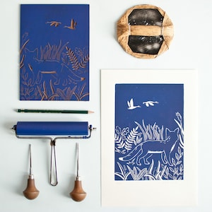 Linoldruck Fuchs und Schwäne, original Druckgrafik - Etsy.de