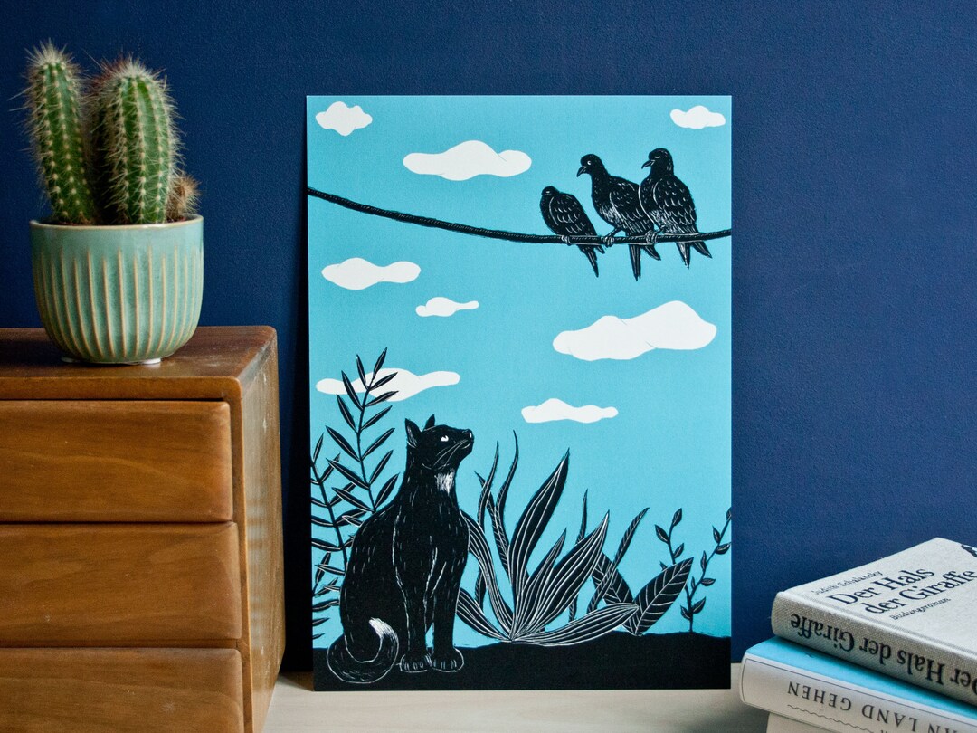 Poster Cat and Doves, A4 - Etsy