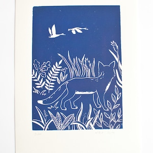 Linoldruck Fuchs und Schwäne, original Druckgrafik - Etsy.de