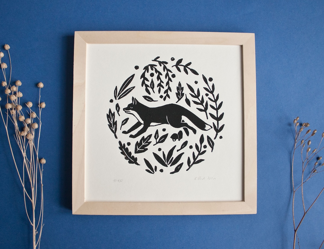 Schwarzer Linoldruck Fuchs, original Druckgrafik - Etsy.de