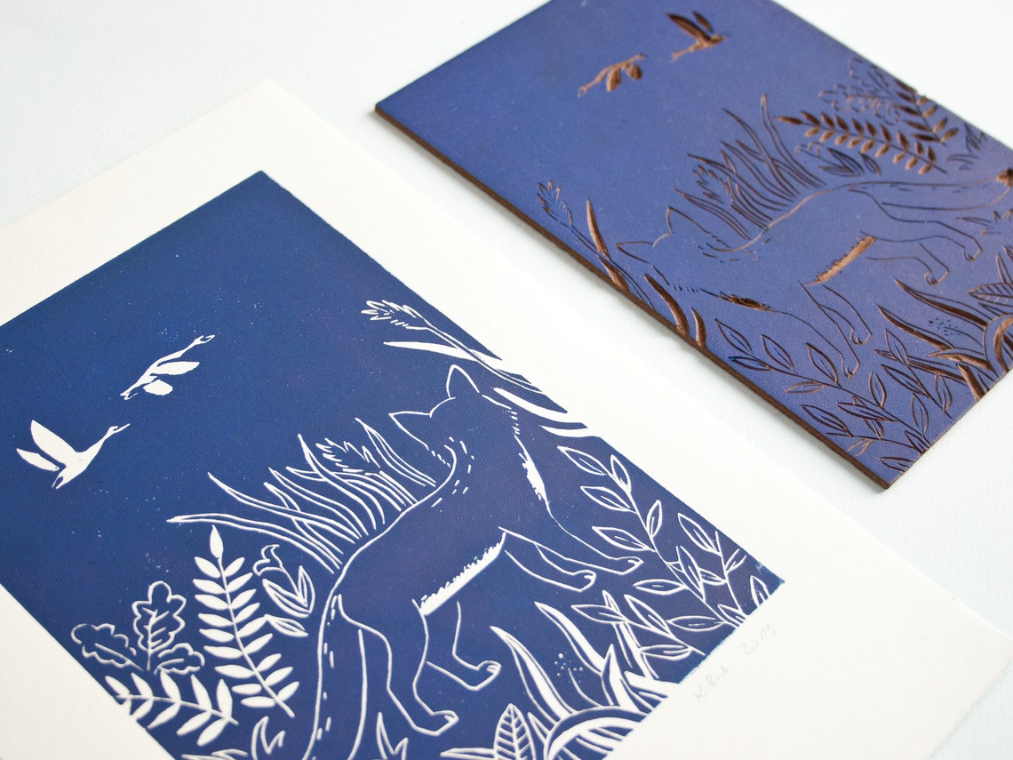 Linoldruck Fuchs und Schwäne, original Druckgrafik - Etsy.de