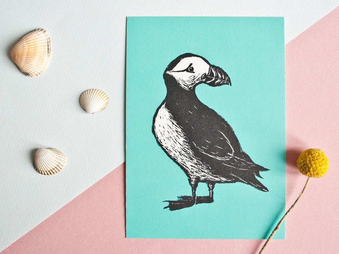 Puffin Postcard, Turquoise Greeting Card Bird - Etsy
