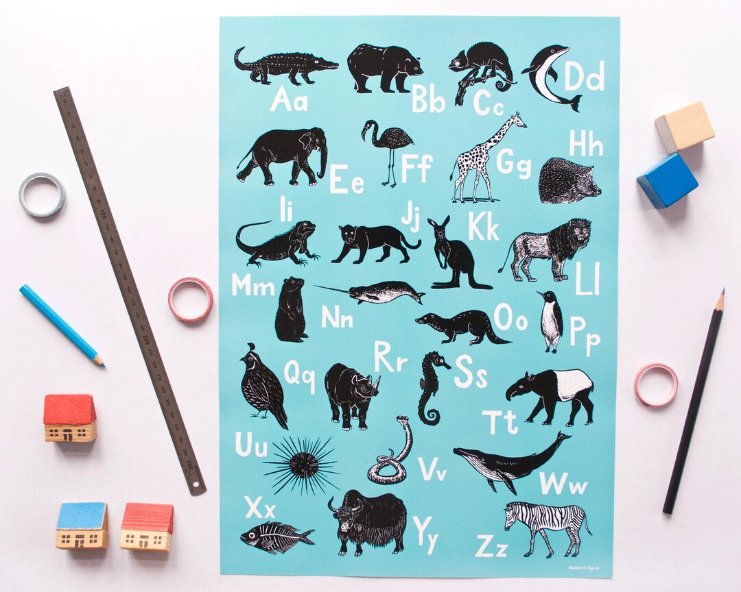 Abc-poster Animals, English Illustrated Alphabet Poster - Etsy