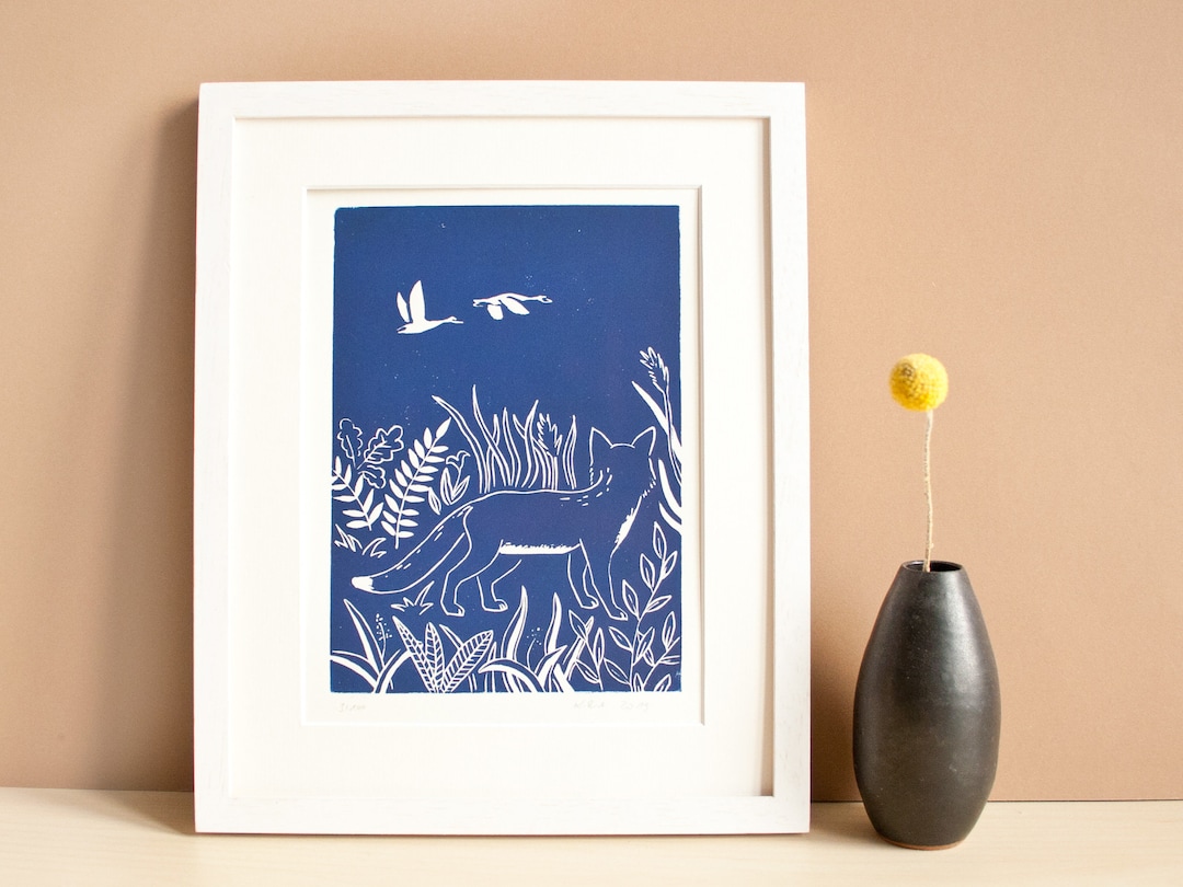 Linoldruck Fuchs und Schwäne, original Druckgrafik - Etsy.de