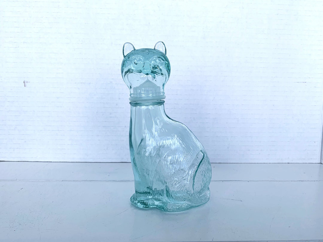 Turquoise Cat Bottle/glass Cat Decanter/vintage Cat Bottle/cat Blue ...