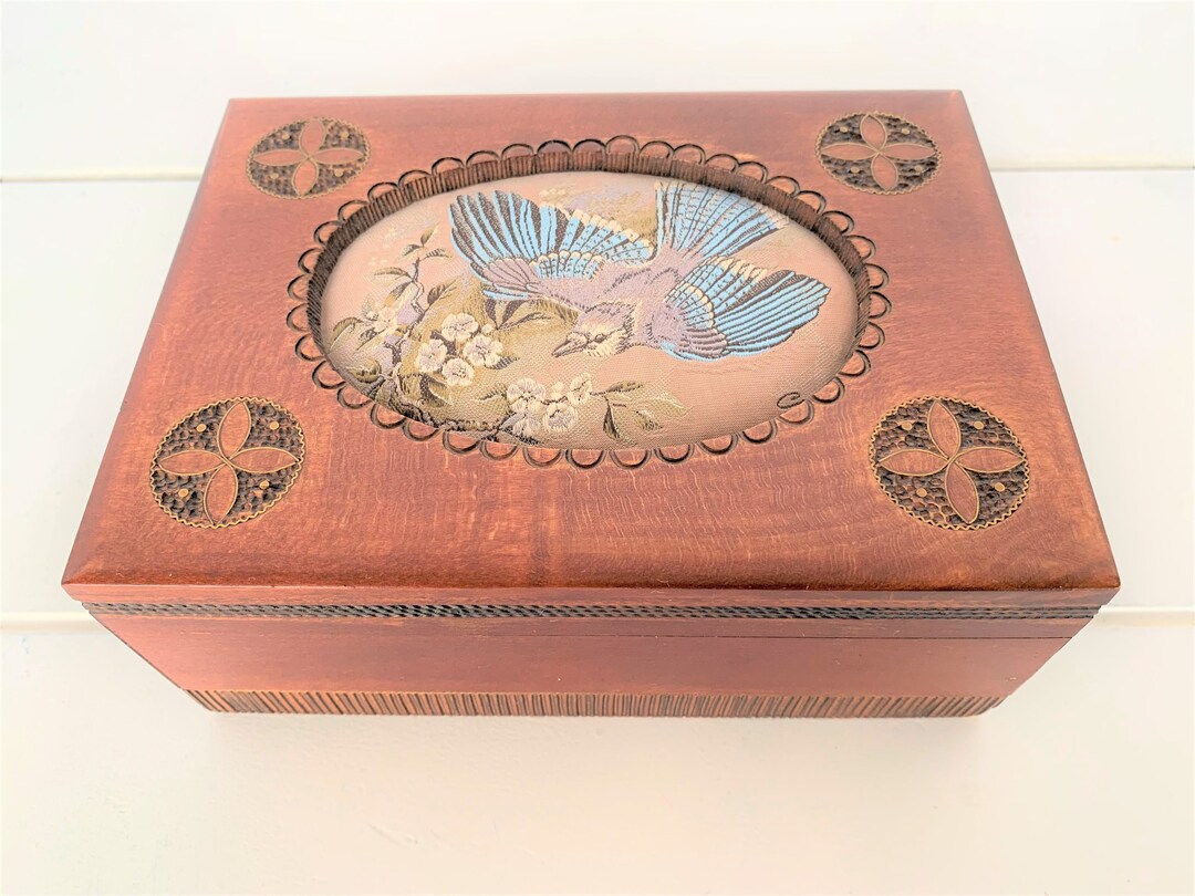 J J Cash Ltd. Conventry Embroidered Blue Bird Wooden Box/silk Panel Polish Jewelry Box/poland ...