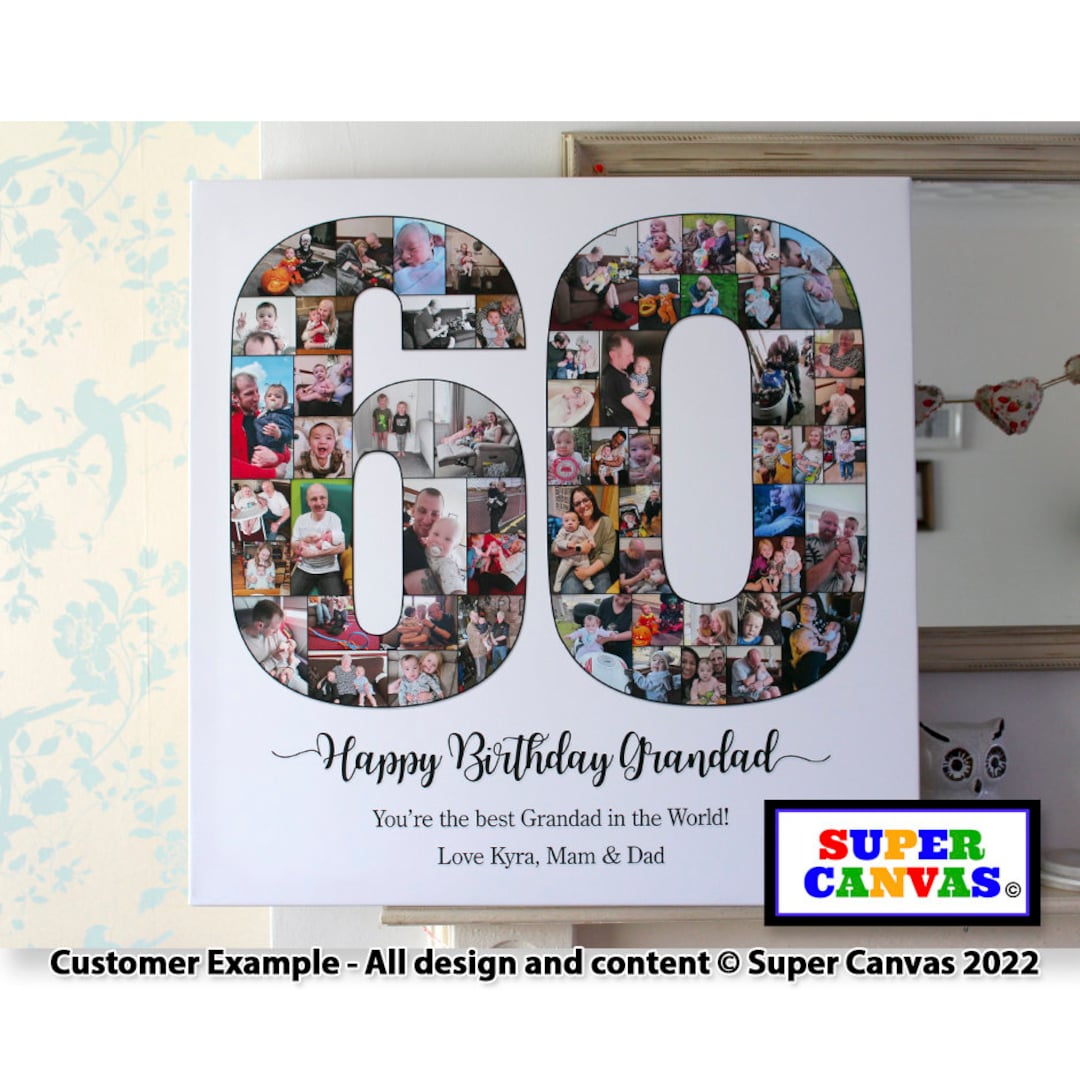 60th Birthday Number Shape Picture Photo Collage Board Framed Canvas ...