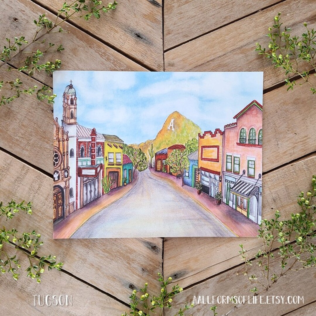 Colorful Tucson Art Print, Illustrated Historic Tucson Arizona, Village ...