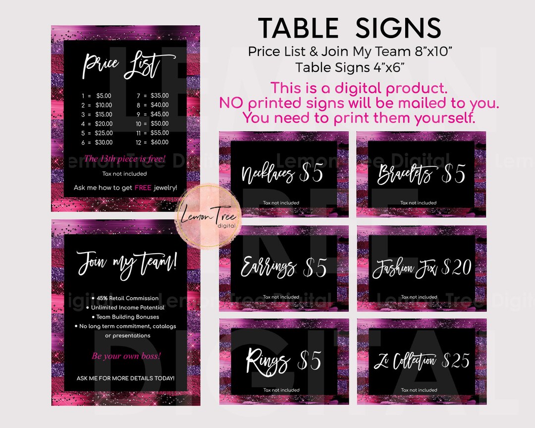Printable Jewelry Sign Display, Table Signs, Jewelry Event Signs ...