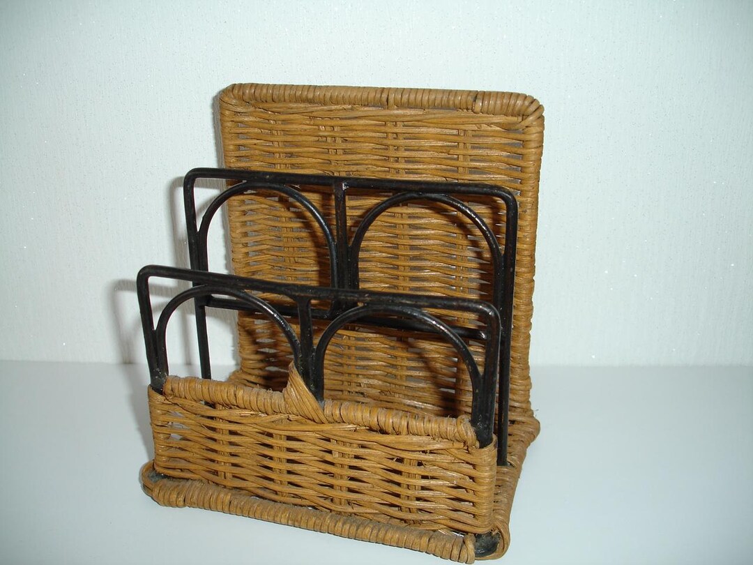 Wicker Letter Rack Vintage Desk Tidy Black Metal and Rattan Book Holder ...