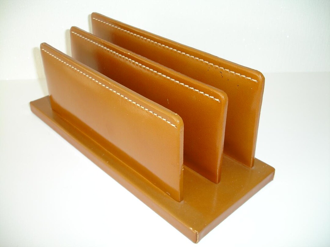 Letter Rack Vintage Desk Tidy Faux Leather Light Brown Magazine Post ...