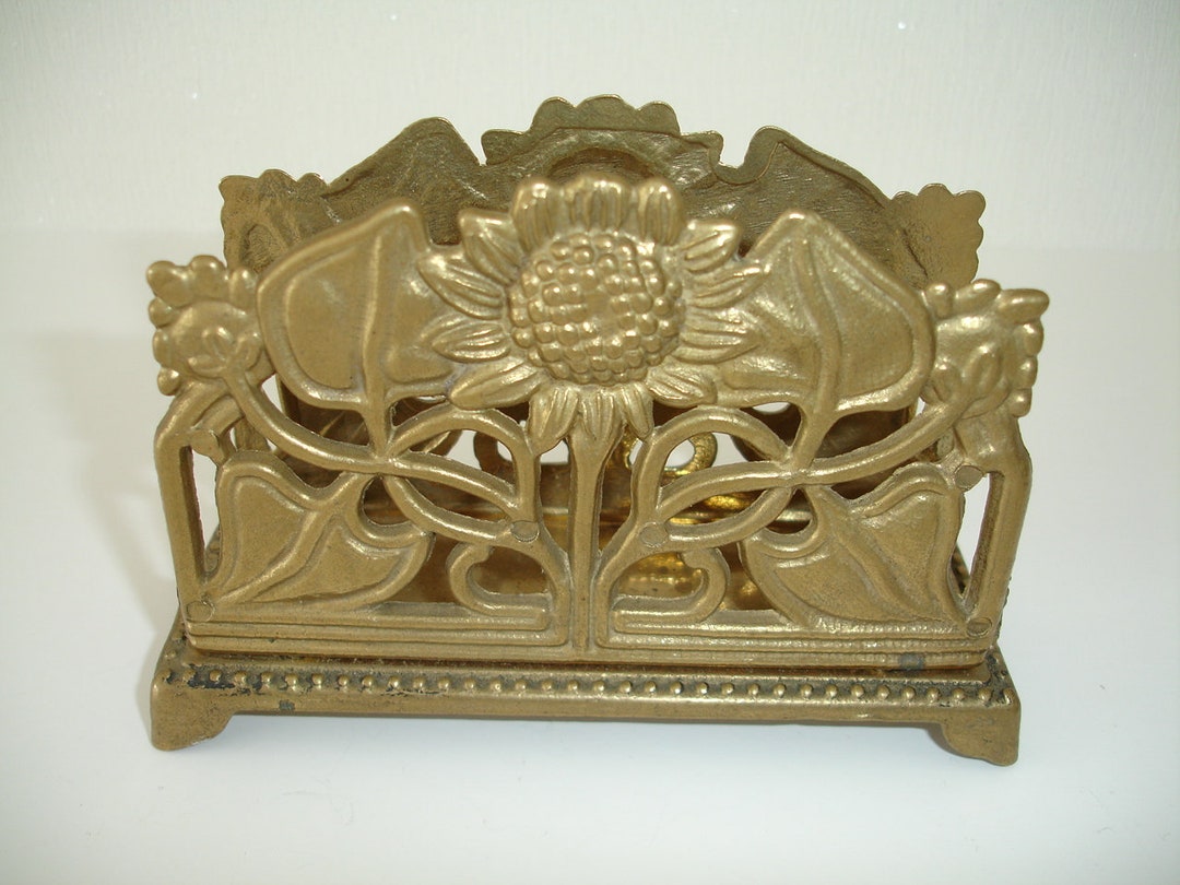 Brass Sunflower Letter Rack Desk Tidy Metal Napkin Holder Art Nouveau ...
