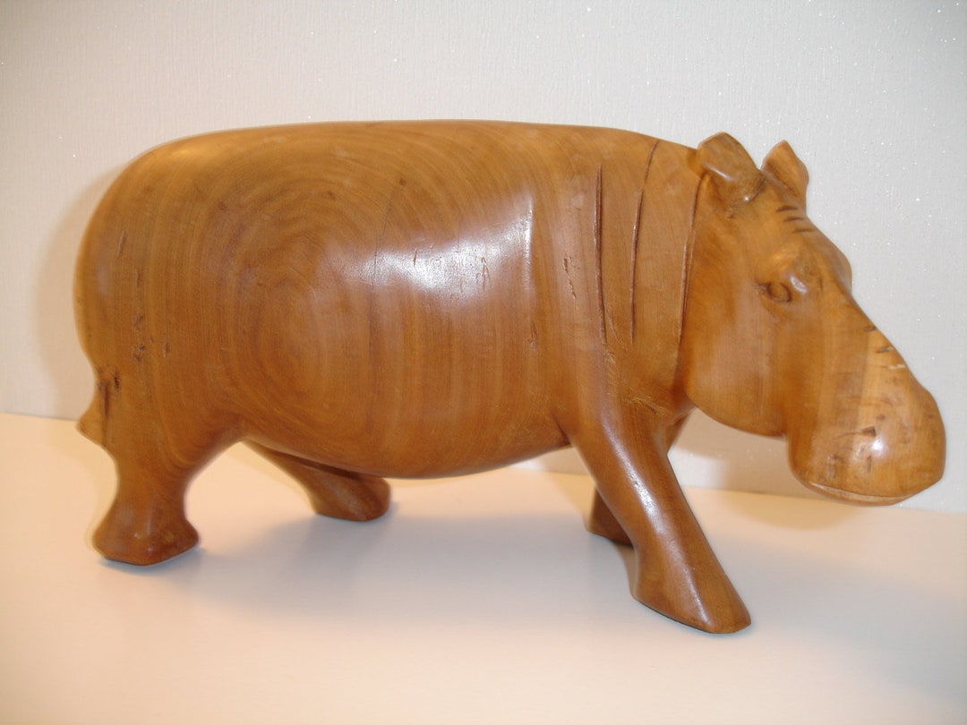Hippo Wooden Hippopotamus Wood Statue 11 Sculpture Large Striding ...
