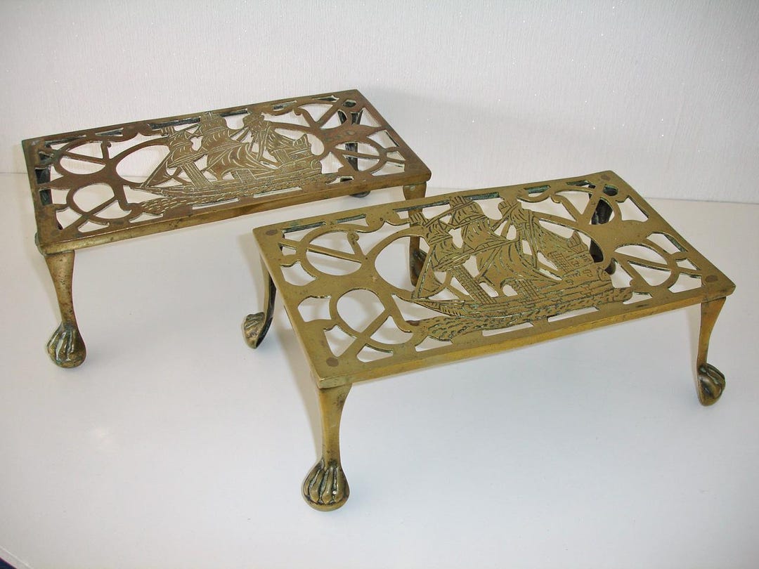 Brass Trivets Galleon Ship Pair of Metal Pot Stands X 2 Plant Holders ...