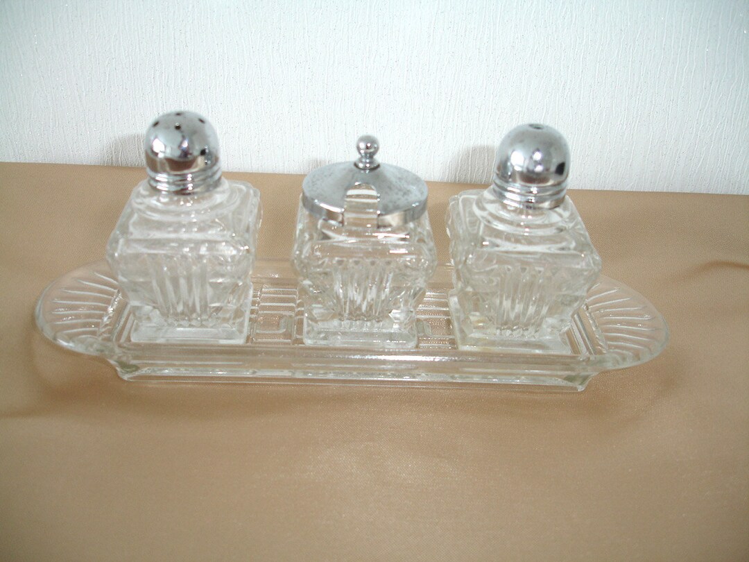 Glass Cruet Set on Tray Salt and Pepper Shakers Condiment Mustard Pot ...