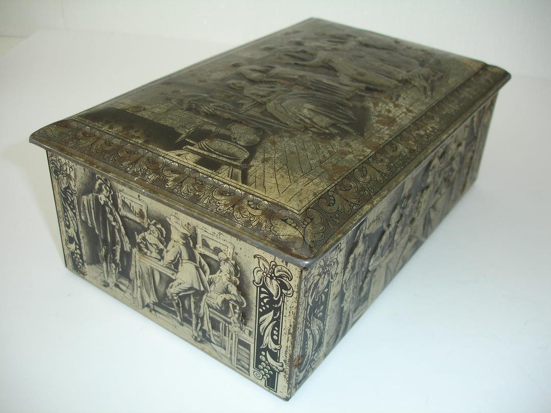 Vintage Tin Box Belgium Metal Relief Drinking Scenes - Etsy