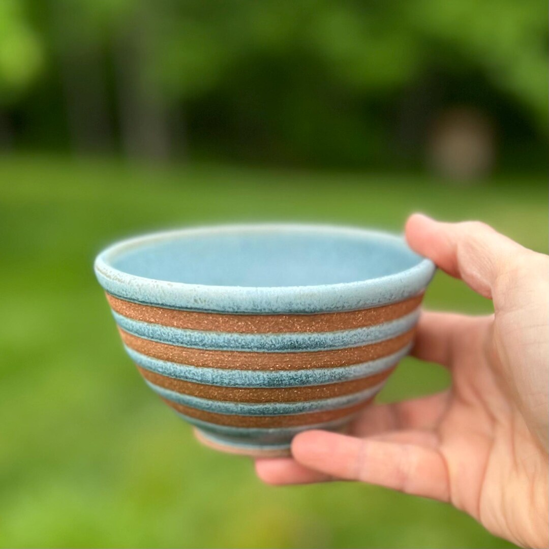 Handmade Striped Ceramic Bowl: Blue-green Salsa Dish - Etsy