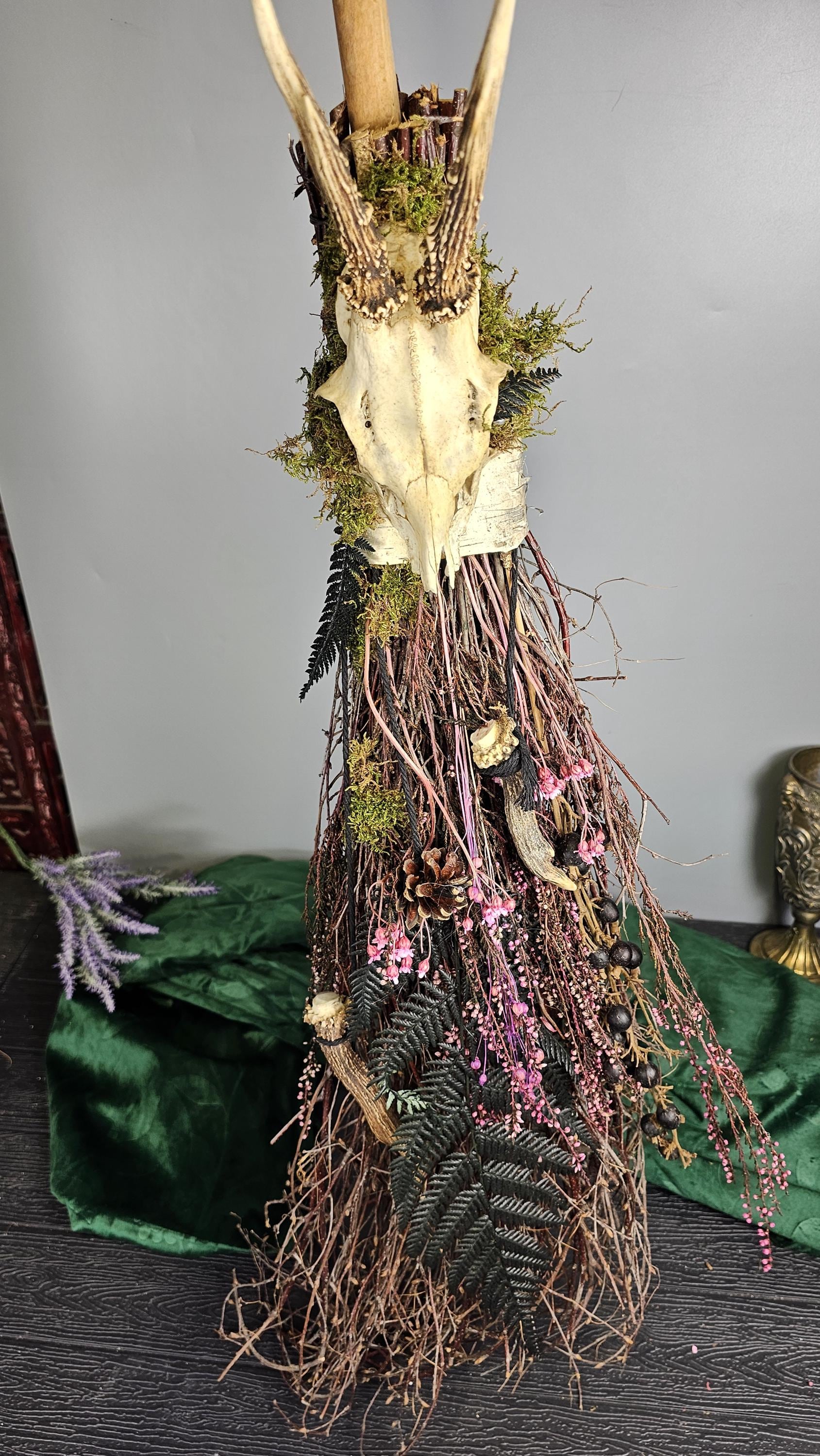 Handmade Witch Broom With Roe Deer Skull, Dried Flowers & Antlers - Etsy