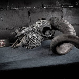 Made to Order Huge Impressive Ram Skull Real Bone Carving Pentagram ...