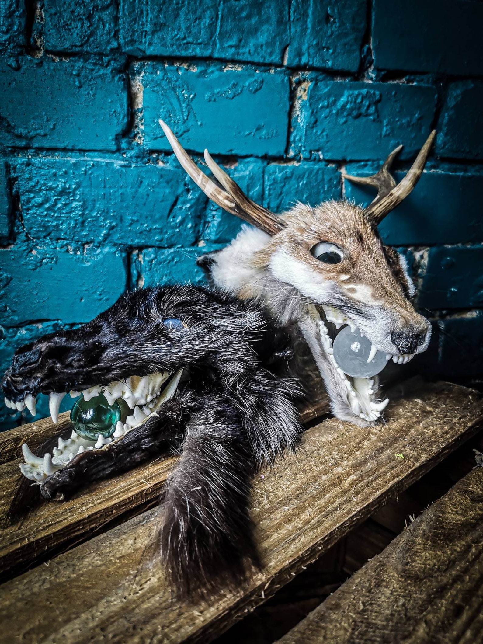 Made to Order Creepy Horned Real Red Fox Skull With Green Eyes Fur Ears ...