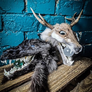Made to Order Creepy Horned Real Red Fox Skull With Green Eyes Fur Ears ...