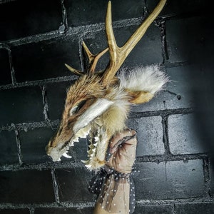 Made to Order Creepy Horned Real Red Fox Skull With Green Eyes Fur Ears ...