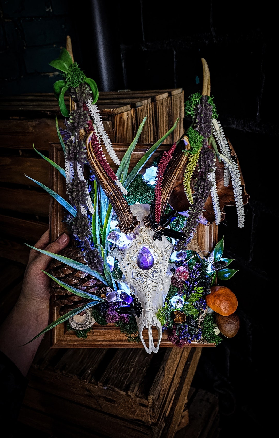 Made to Order Real Roe Deer Skull With Engraved Design Smokey Crystal ...