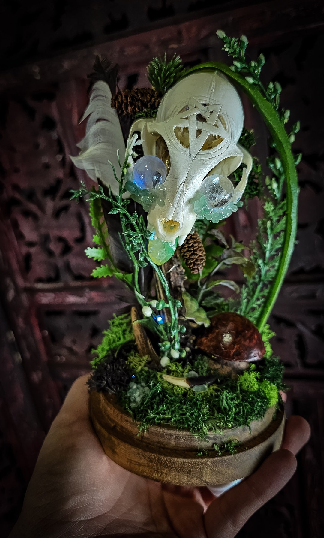 Engraved Pentagram Skull in Glass Dome: Green Quartz Crystals, Roe Deer ...