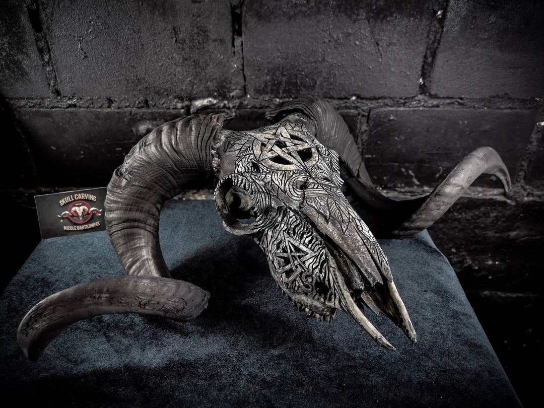 Made to Order Huge Impressive Ram Skull Real Bone Carving Pentagram ...