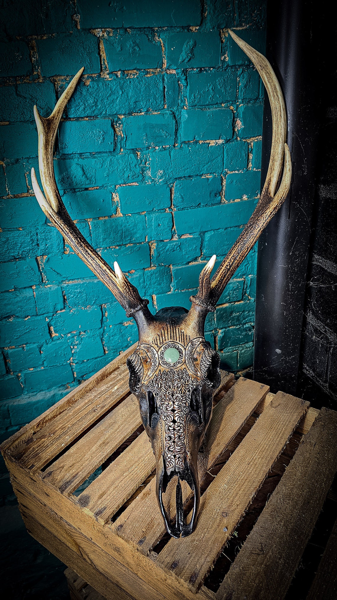 Engraved Deer Skull With Antlers: Triple Moon Design, Forest Decor - Etsy