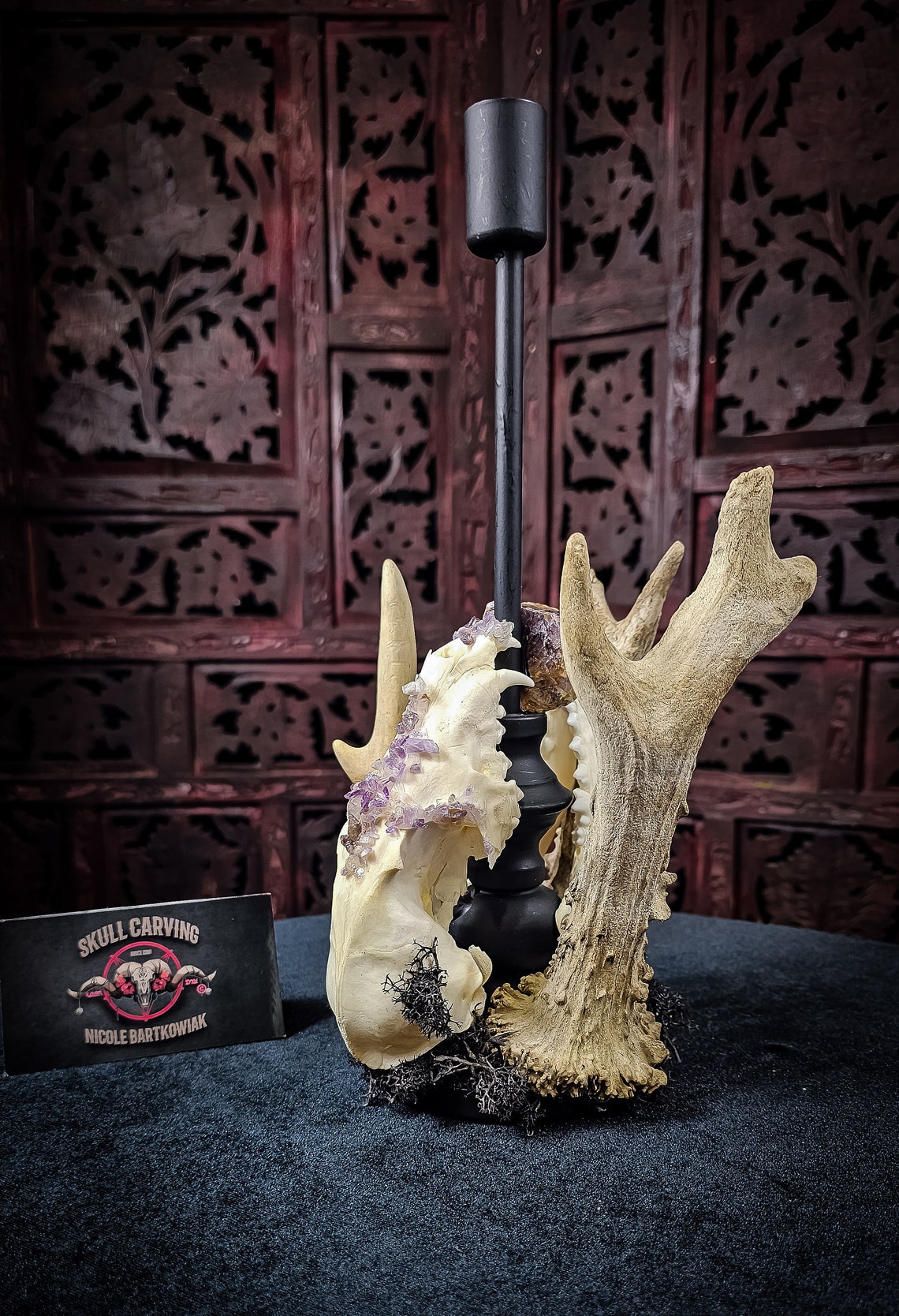 Fox Skull Candleholder: Gothic Altar Decor With Amethyst & Antlers - Etsy