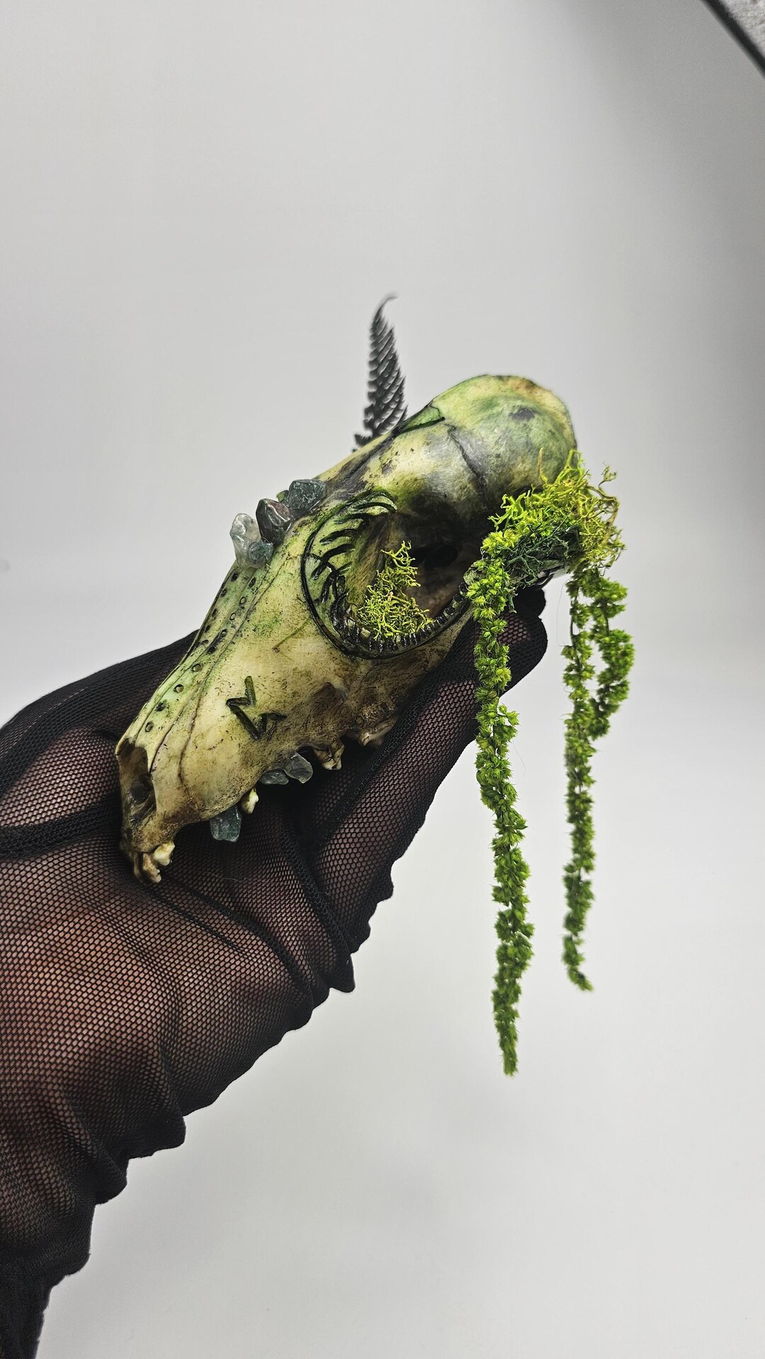 Made to Order Fox Skull Engraved Algiz Rune Ferns Plants Moss Aged ...