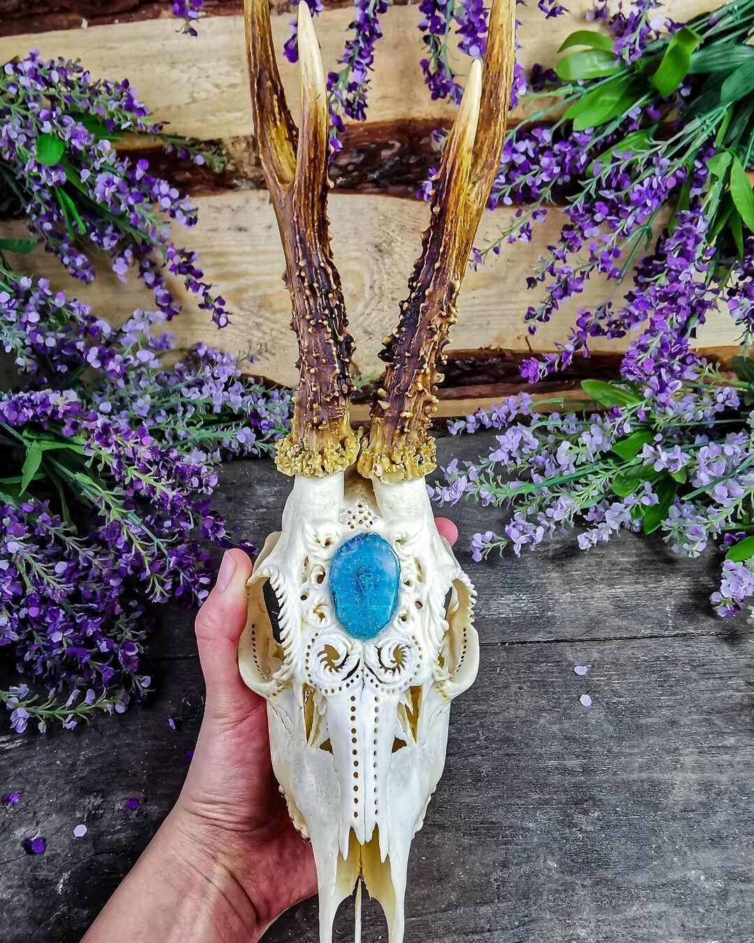 Engraved Roe Deer Skull Ornament: Blue Quartz, Filigree Carving - Etsy