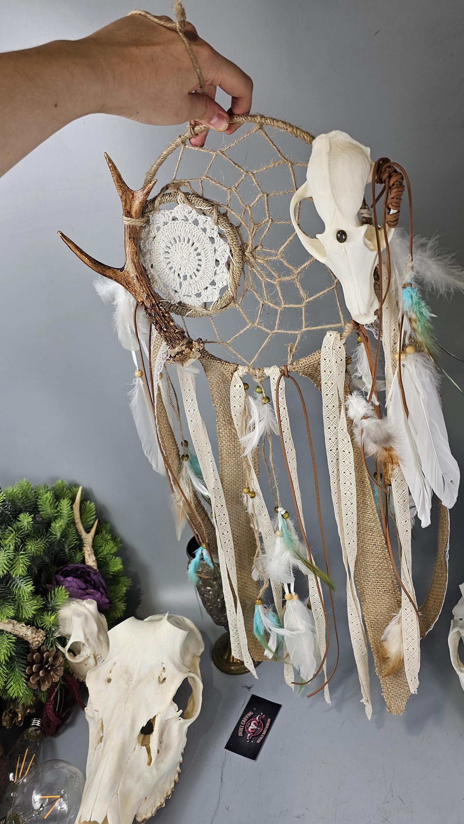 Made-to-order Dream Catcher: Fox Skull, Roe Deer Antler & Labradorite ...