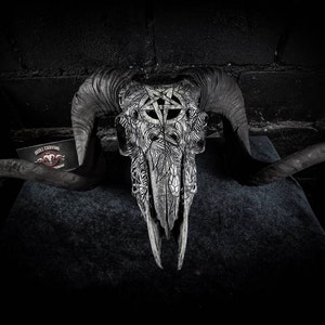 Made to Order Huge Impressive Ram Skull Real Bone Carving Pentagram ...