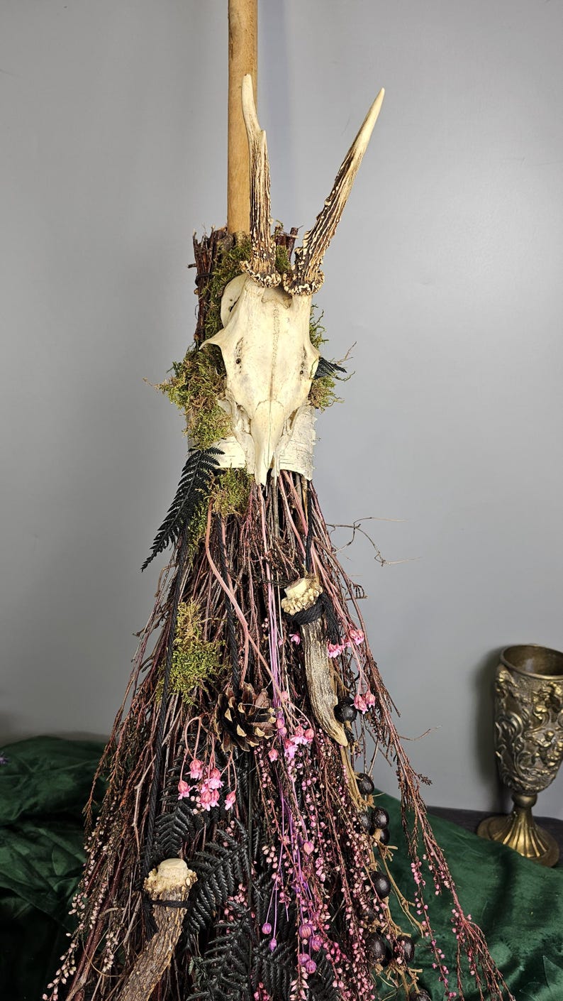 Handmade Witch Broom With Roe Deer Skull, Dried Flowers & Antlers - Etsy