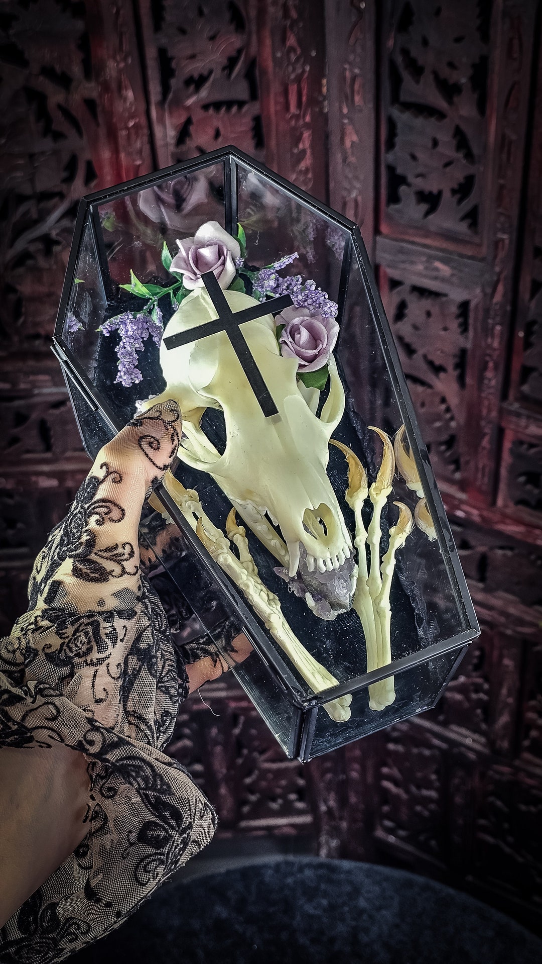 Made to Order Real Fox Skull With Amethyst Crystals Stones in Glass ...