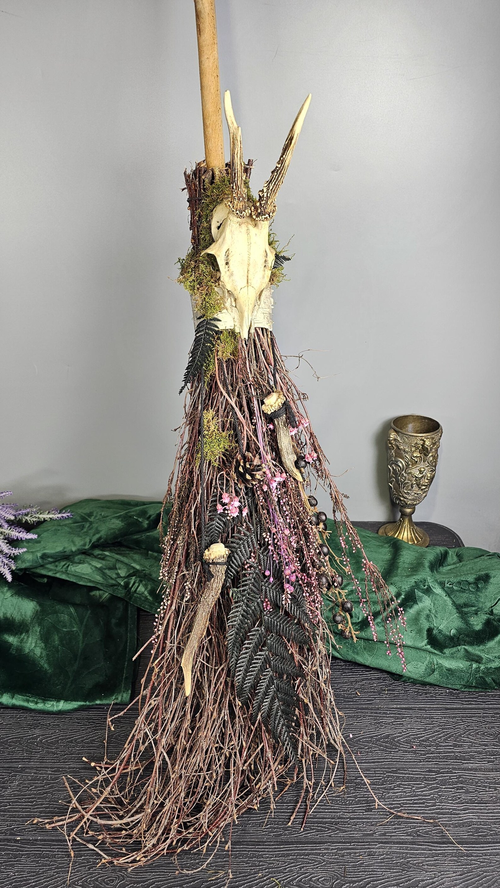 Handmade Witch Broom With Roe Deer Skull, Dried Flowers & Antlers - Etsy