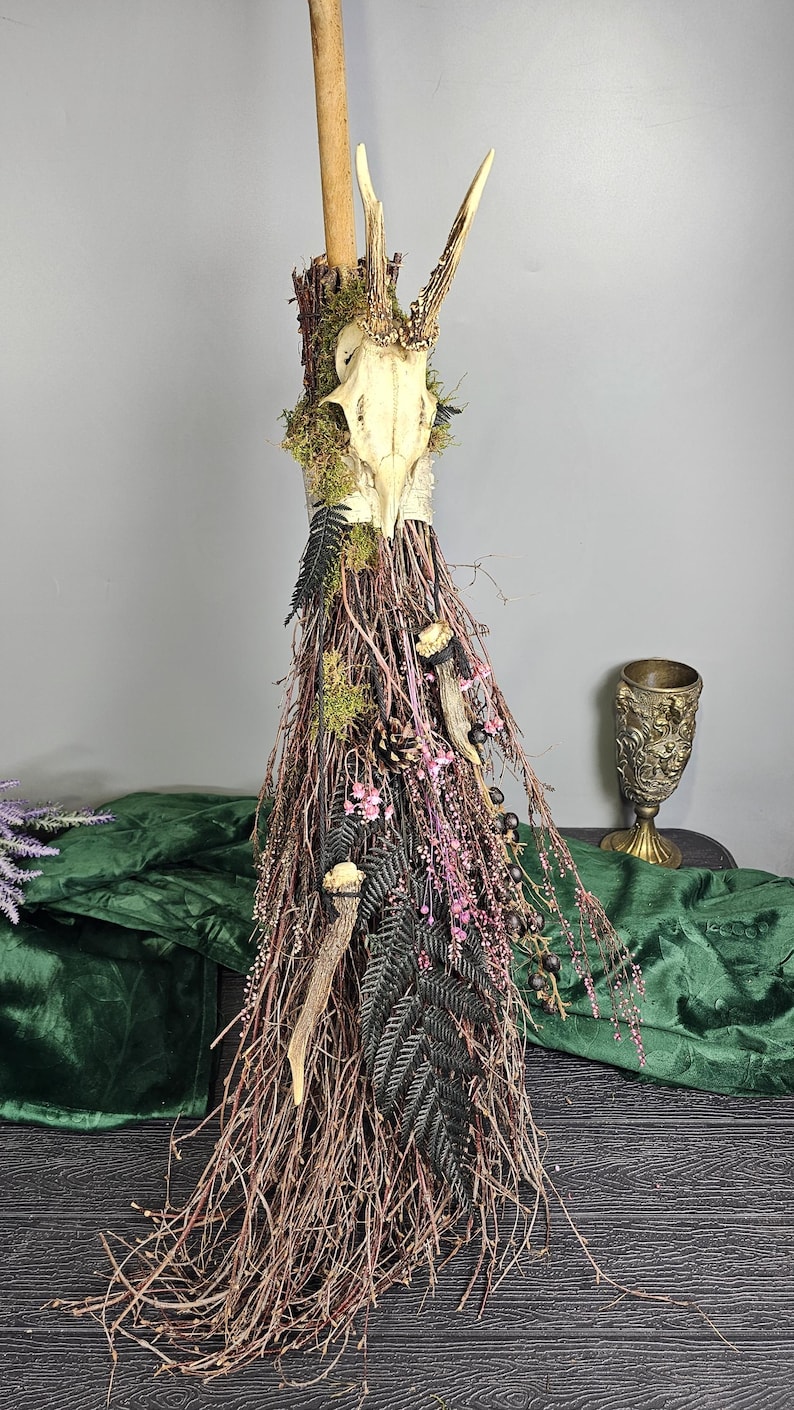 Handmade Witch Broom With Roe Deer Skull, Dried Flowers & Antlers - Etsy