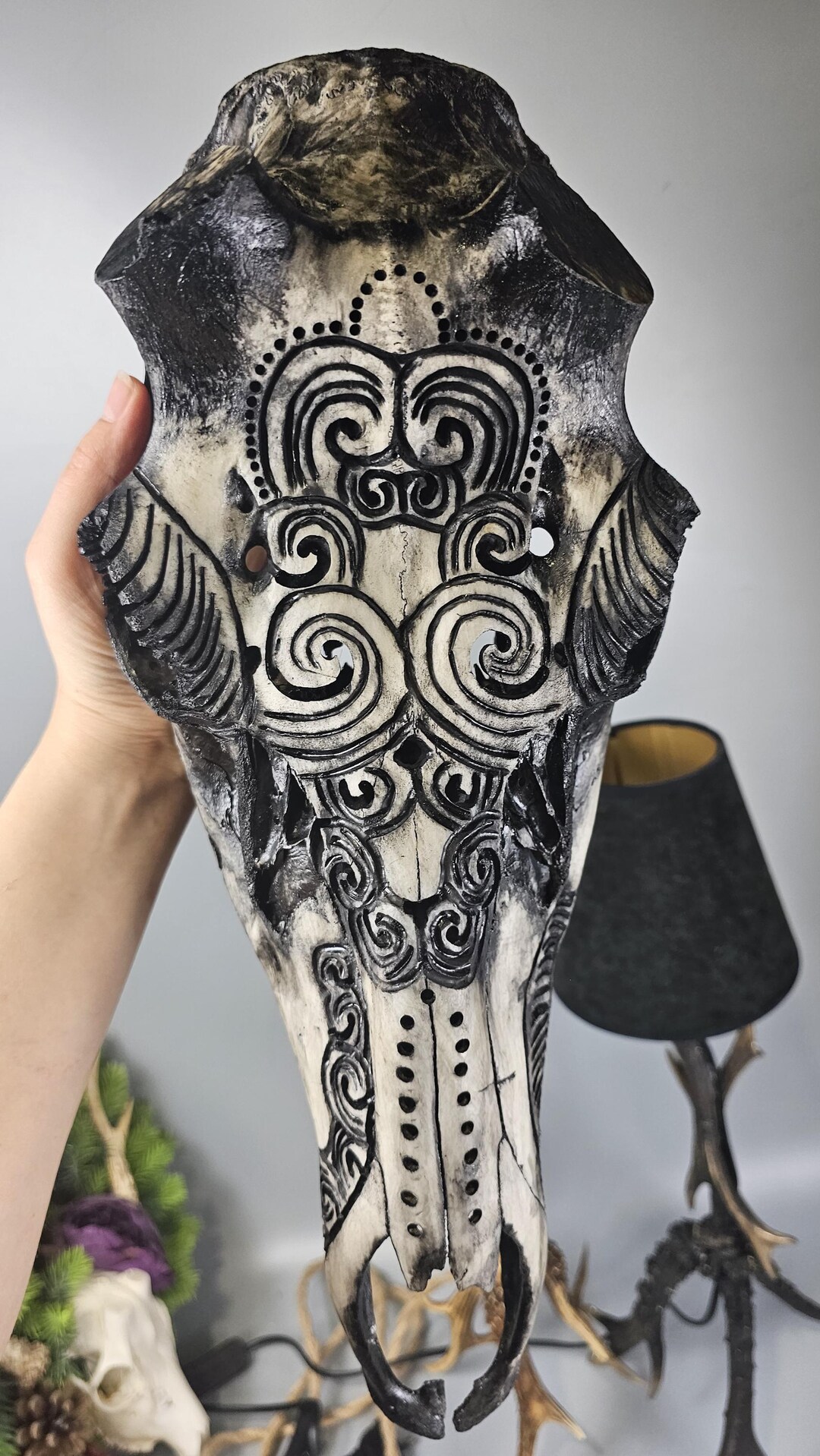 Hand Engraved Deer Skull: Made-to-order Ornament, Aged Gray Black - Etsy