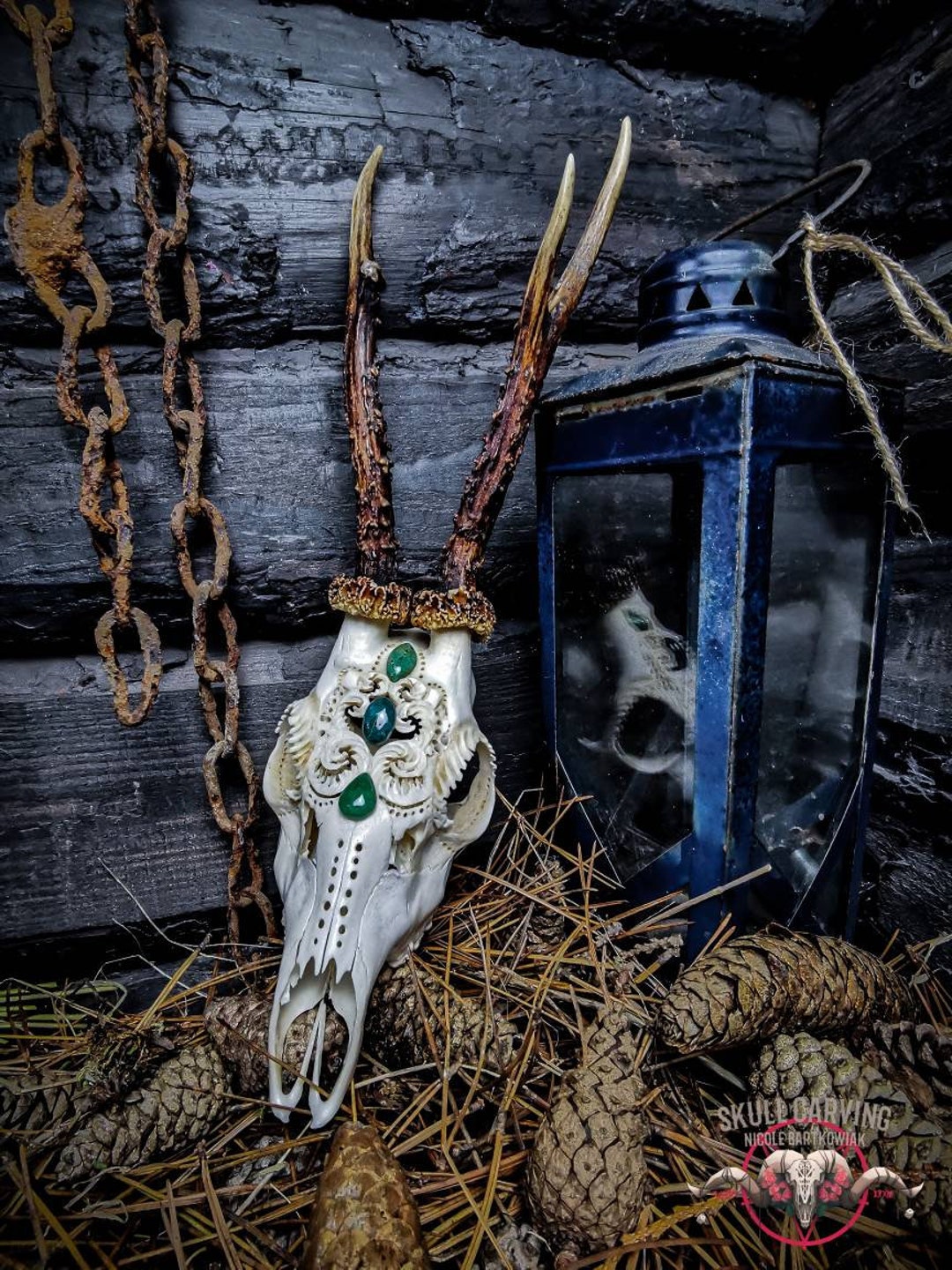 Engraved Roe Deer Skull Ornament With Green Stones - Made to Order - Etsy