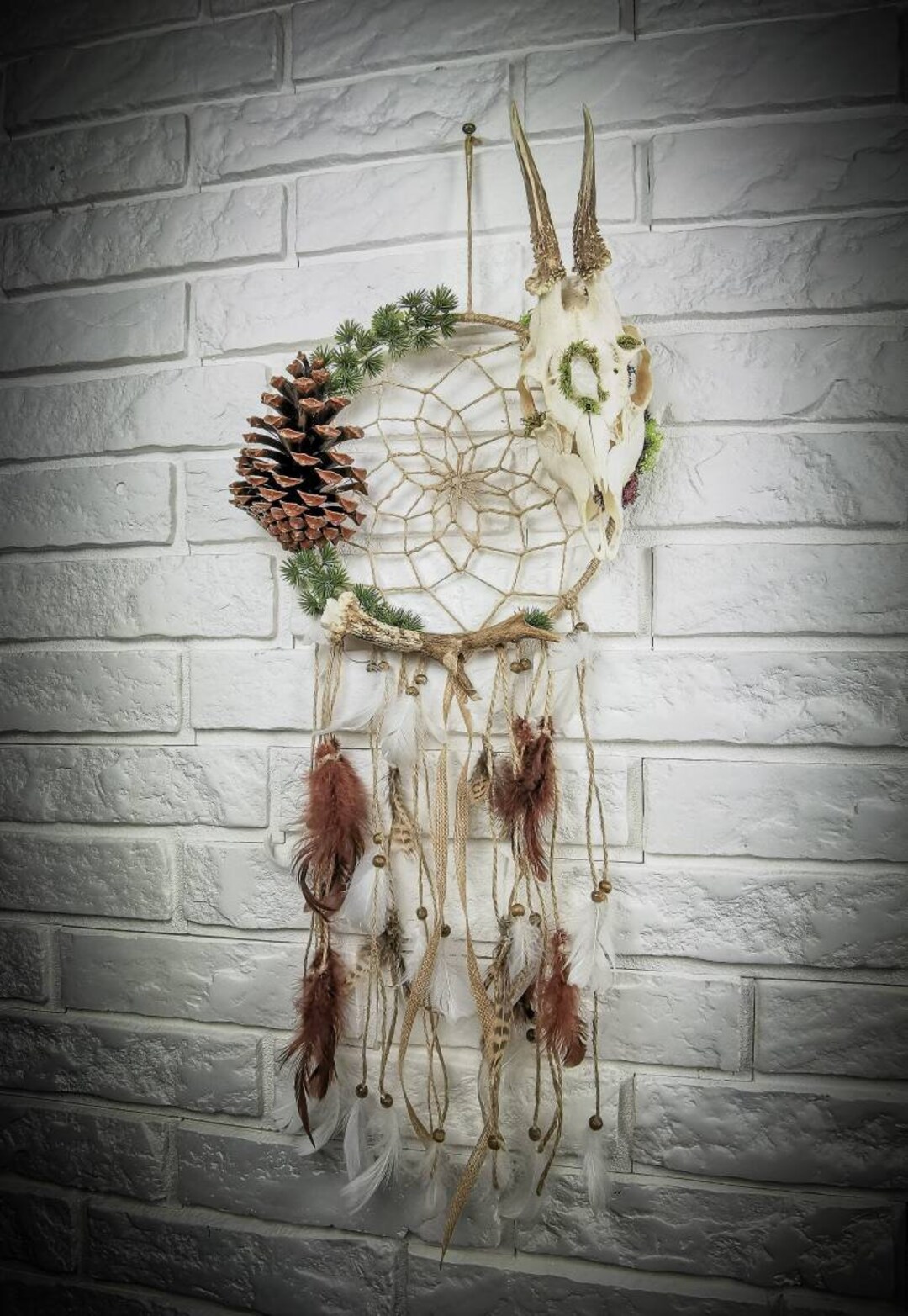 Roe Deer Skull Dream Catcher: Raw Quartz, Chicken Feathers, Moss - Etsy